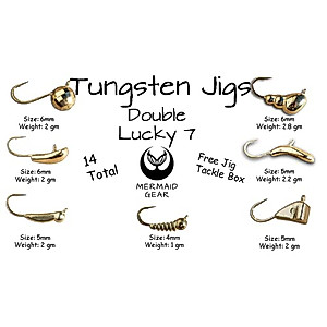 Tungsten Ice Fishing Jigs - Lucky 14 Pack Gold 4-6mm Free Tackle Box Case Included 1-2gm #8-10 Hook Lure Bait Walleye Crappie Panfish Trout