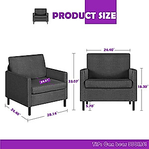 TYBOATLE Modern Upholstered Linen Fabric Accent Arm Chair Set of 2, Living Room Single Sofa Chairs w/Metal Legs, Reading Lounge Armchair for Small Spaces, Apartment, Bedroom, Office (Dark Gray)