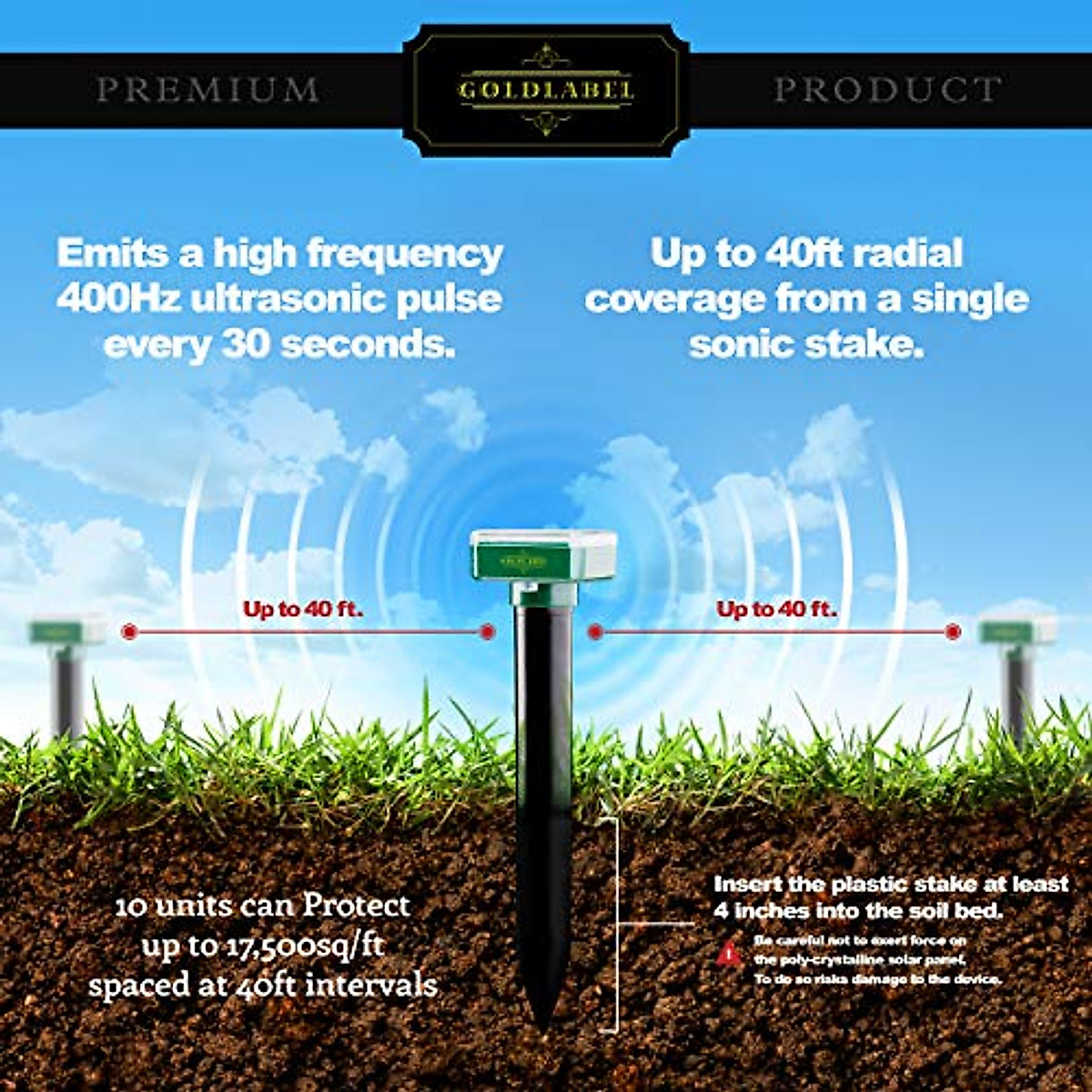 Gold Label 10 Pack Chipmunk Repellent, Snake Repellent | Solar Mole Repellent Ultrasonic Squirrel Repeller Control Spikes for Groundhog, Gopher, Vole, Racoon, Mice & Other Burrowing Rodents