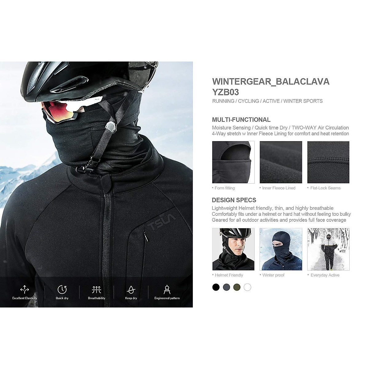 TSLA Thermal Winter Balaclava Face Mask, UV Protection Fleece Lined Ski Mask, Lightweight Windproof Neck Gaiter, Thermal Fleece Balaclava Jet Black, Medium