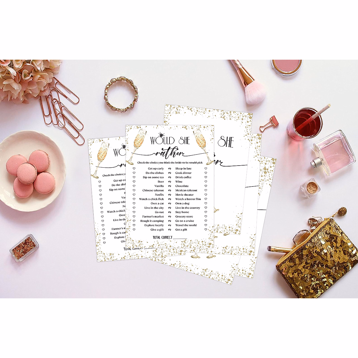 Would She Rather - Bridal Shower Game, Wedding Shower and Bachelorette Party - Set of 30 Cards, Gold Champagne Bridal Wedding Party Game Cards for Guests, Bridal Shower Party Decorations-LN1