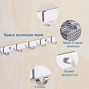 Qiningxia Space Aluminum Hooks Bar Coat Hat Clothes Robe Holder Rack 5 Hooks Wall Hanger, Silver