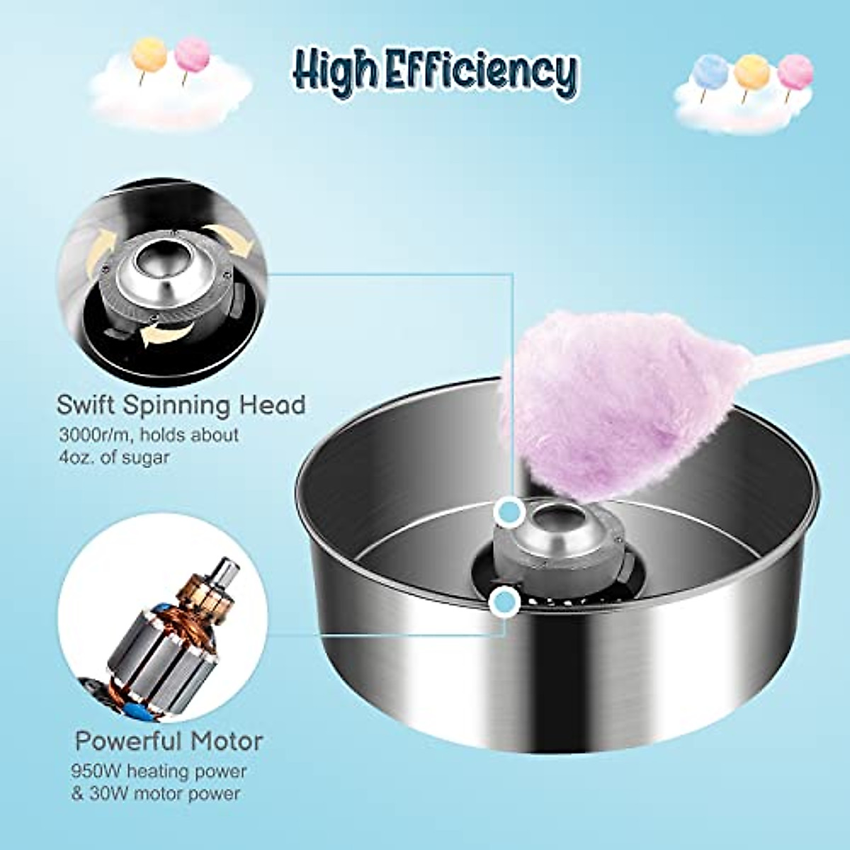ROVSUN 21 Inch Cotton Candy Machine Cart, Electric Cotton Candy Maker Machine Candy Floss Machine w/Stainless Steel Bowl, Sugar Scoop and Large Storage Drawer for Commercial Home Party Carnival, Blue