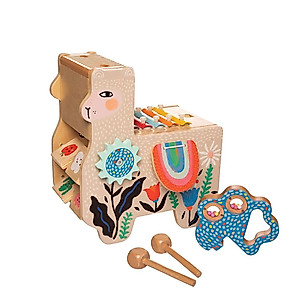 Manhattan Toy Musical Llama Wooden Instrument for Toddlers with Maraca, Clacking Saddlebags, Drumsticks, Washboard & Xylophone