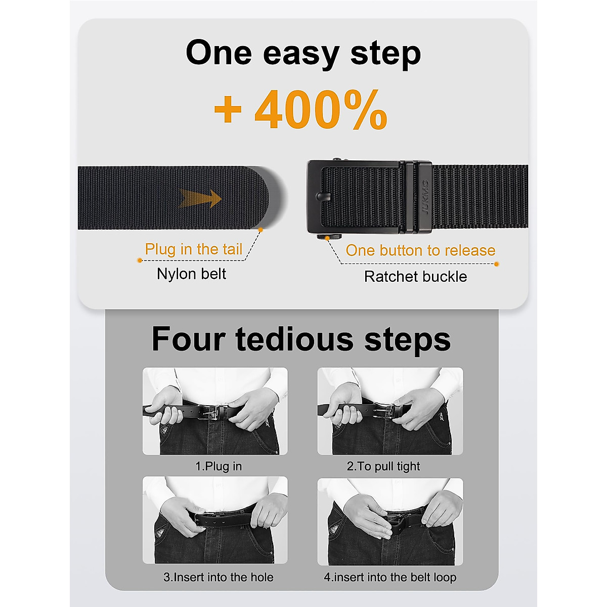 JUKMO Ratchet Belt for Men, Nylon Web Tactical Belt with Automatic Slide Buckle (Black, Medium)