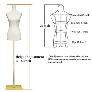 Female Dress Form Mannequin Torso,Height Adjustable Mannequin Stand, Realistic Model Display Body Stand Metall Base Clothing Forms, Beige