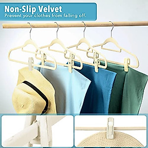 120 Pcs Beige Velvet Hangers Clips Strong Non Slip Velvet Pants Hangers Flocked Clothes Clips Baby Finger Clips for Kids Adults Suit Skirt Clothes Thin Slim Felt Hangers
