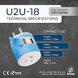 OREI Thailand Travel Plug Adapter with Dual USB - USA Input - Type O (U2U-18), Will Work with Cell Phones, Camera, Laptop, Tablets, iPad, iPhone and More