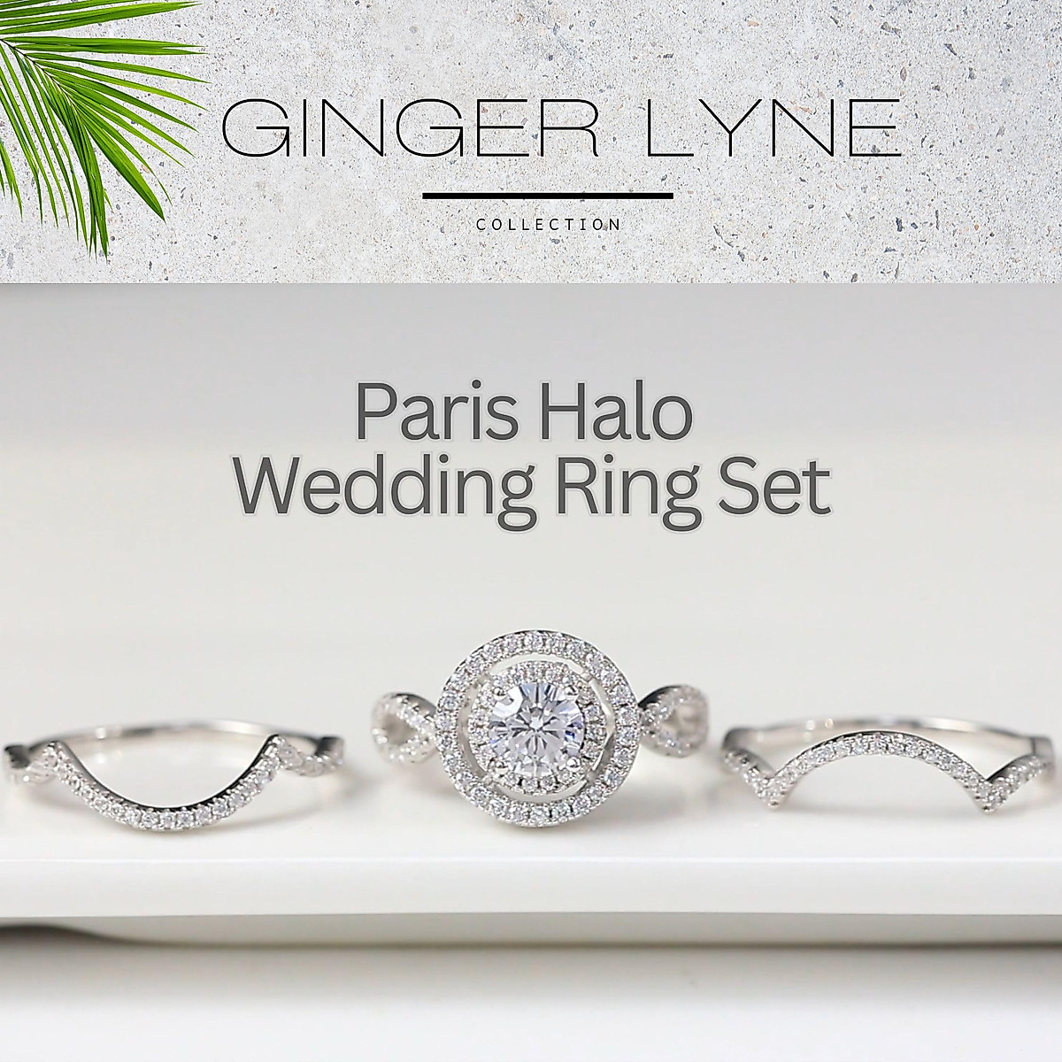 Halo Wedding Ring Set for Women by Ginger Lyne |3 Ring Bridal Set | Sterling Silver Engagement Ring Two Matching Anniversary Bands | Cubic Zirconia Promise Rings for Her