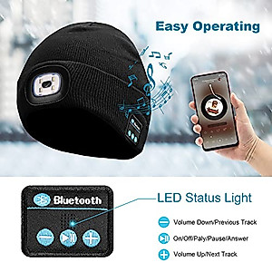Ocatoma Bluetooth Beanie Warm Hat with Light Headphone Unique Tech Gifts for Men Dad Him Teenage Christmas Stocking Stuffers Black