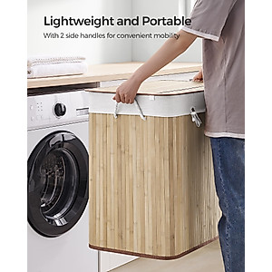 SONGMICS Laundry Hamper, 39.6 Gallons (150L), 3-Section Laundry Basket, Laundry Hamper with Lid, Bamboo, Foldable, Removable and Machine Washable Liner, for Laundry Room, Bedroom, Natural ULCB091N01