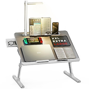 Laptop Bed Tray Desk with LED Desk Light, SAIJI Adjustable Laptop Stand for Bed, XX-Large PVC Leather Foldable Laptop Table with Book Stand, Wrist Rest, Extra Leg Room for Sofa Couch Floor (Gray)