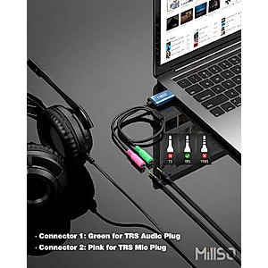 Bundle MillSO Headphone Mic Splitter, 3.5mm Headset Adapter 2 TRS Female to TRRS Male + MillSO USB External Sound Card Audio Adapter, USB to 3.5mm TRS Headphone and Microphone Stereo Jack Splitter
