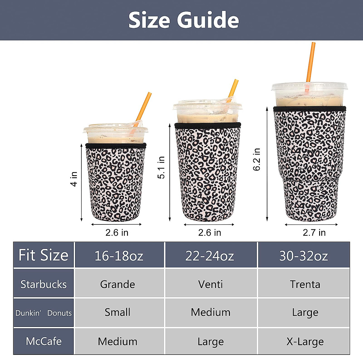 3 Pack Reusable Iced Coffee Sleeves - Xumbtvs Insulator Sleeve for Cold Beverages, Neoprene Cup Holder for Starbucks Coffee, Dunkin Coffee, More(Leopard print)