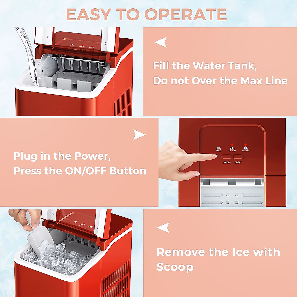 MAT Expert Countertop Nugget Ice Maker, 26LBS/24H, 9 Cubes in 8 Min, Bullet-Shaped Ice Makers, 1.6L Water Tank & 1.6L Bucket, Scoop, Self-Clean Compact Tabletop Ice Maker for Home/Bar/Office (Red)