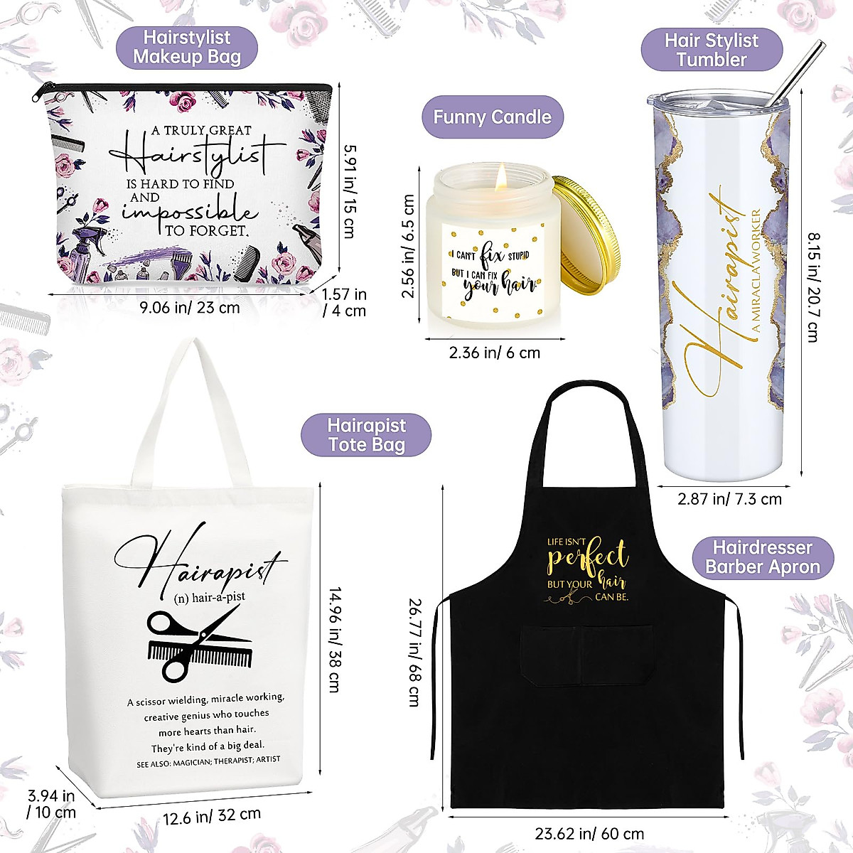 Teenyyou 5 Pcs Hair Stylist Gifts for Women Hairdresser Appreciation Hair Stylist Apron Tumbler Tote Bag Makeup Bag Candle Gifts for Hairdressers Female(Purple Marble)