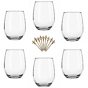 Set of 6 Stemless 9 oz White Wine Glass, Libbey 207 w/Signature Cocktail Picks