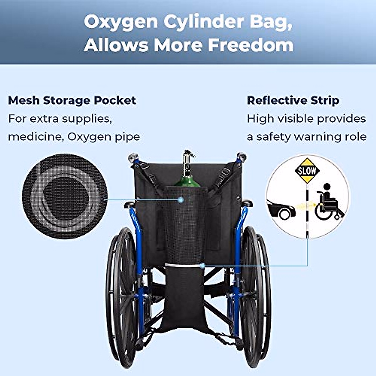 Issyzone Oxygen Tank Holder for Wheelchair, Oxygen Cylinder Bag, with Nice Mesh Storage Pocket Fits D and E Oxygen Tanks