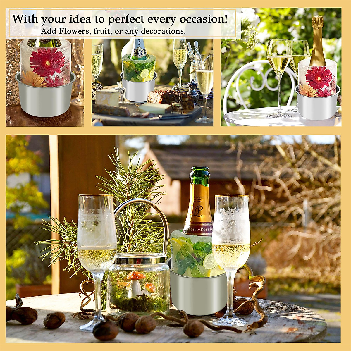 ZHURUININ Champagne Bucket Ice Mold Wine Bottle Chiller, DIY Your Own Wine Chiller Bucket with Flower Fruits Any Decoration for Special Parties Bar Holiday Wedding, Beautiful & Creative Decoration