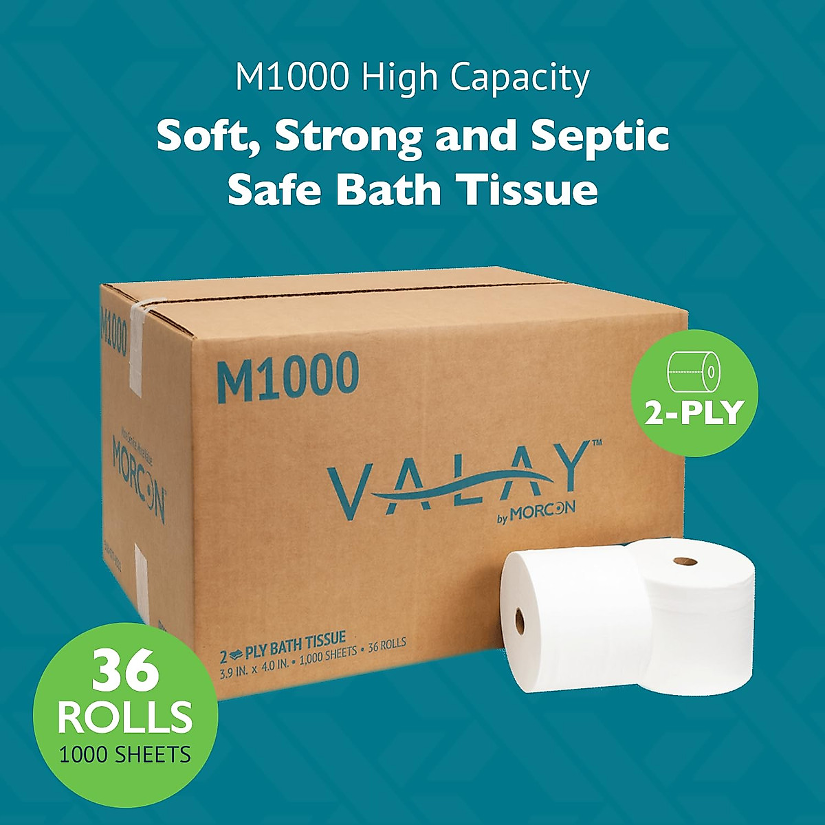 Morcon M1000 Compact Small Core Coreless Alternative, Premium Bath Tissue Roll, High Capacity Commercial Toilet Paper 2 Ply, Soft & Absorbent Tissue, 1000 Sheet Toilet Paper Per Roll, 36 Rolls