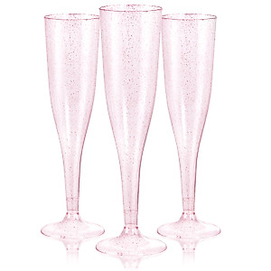 WDF 36 Pack Pink Glitter Plastic Champagne Flutes - 7OZ Pink Champagne Flutes Plastic, Champagne Glasses Glitter Pink Champagne Flutes, Plastic Flutes Champagne Disposable for Party & Wedding