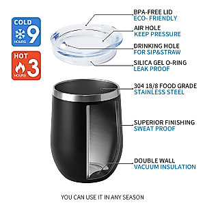 HASLE OUTFITTERS 12oz Wine Tumbler with Lid Stemless Wine Glasses Double Wall Vacuum Travel Mugs stainless steel Coffee Cup for Cold & Hot Drinks Wine Coffee Cocktails Beer 12 Pack Black