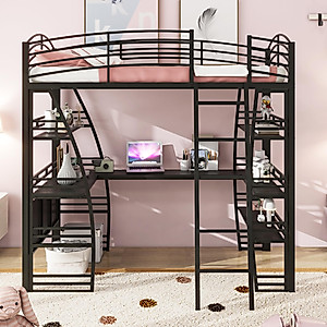 LAVHOME Twin Size Loft Bed with 4 Layers of Shelves and L-Shaped Desk, Stylish Metal Frame Bed with a Set of Sockets, USB Ports and and Wireless Charging (Black)