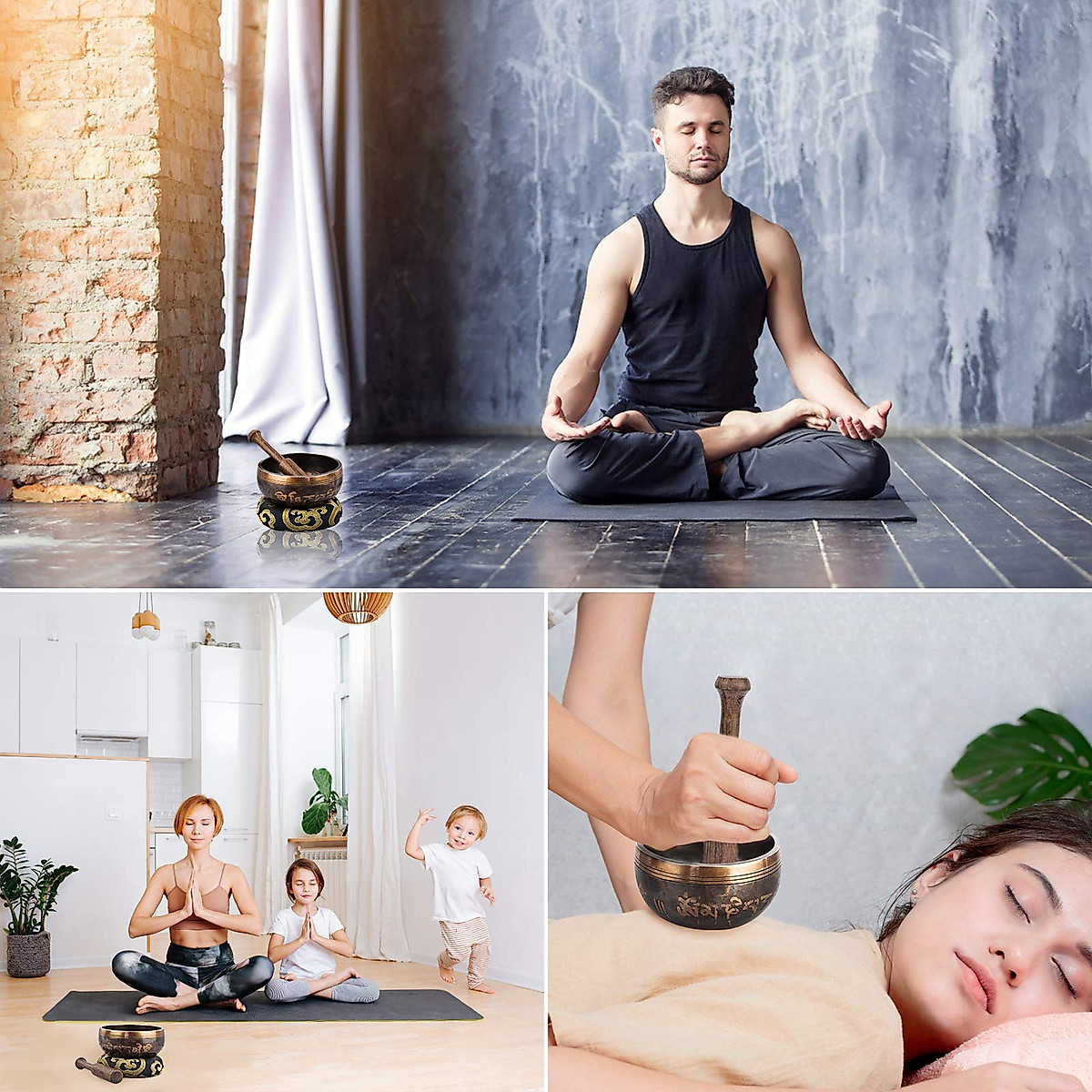 Omigga 3 Pcs 4 inch Tibetan Singing Bowl Set Nepal Antique Bronze Mantra Carving Hand Hammered Handcrafted Singing Bowl for Healing, Peace, Meditation, Stress Relief