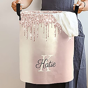 MakeUnique Gold Rose Glitter Drop Personalized Laundry Baskets with Name Waterproof Clothes Laundry Hampers Bathroom Toy and Sundries Collection Storage Bin with Handles, 19.69inch(H)x14.17inch(D)