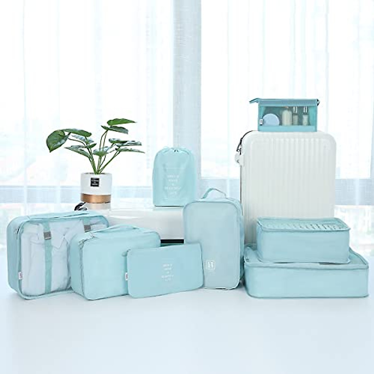 Treonca 8 Piece Packing Cubes for Luggage, Suitcase Cube Organizer,Lightweight Mesh Zipper, Clothes, Shoes, Luggage Organizer (beige)