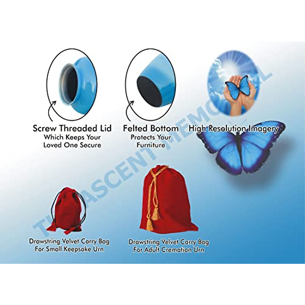 THE ASCENT MEMORIAL Urn for Human Ashes Adult Male Female | Butterfly Printed Large Funeral Urn | Complimentary Small Keepsake Vial | 2 Velvet Carry Bags for Urns and Keepsakes