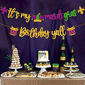 It’s My Mardi Gras Birthday Y’all Banner Carnival Fleur De Lis Shrove Fat Tuesday New Orleans Masquerade Theme Mardi Gras Party Glitter Decoration