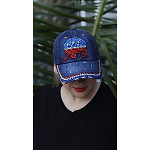 Popfizzy Bling Republican Hat for Women, Rhinestone Republican Elephant Baseball Caps, RWB USA Distressed Denim Hat, Republican Gifts for Women