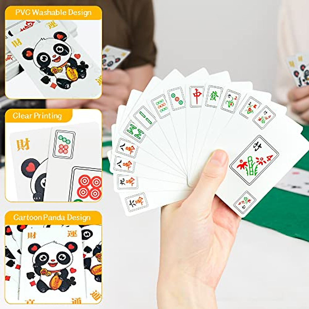 Sishynio Mahjong Cards Gift Set, Mah-Jongg Playing Cards with Dice & Chips, 2023 Handheld Cartoon Majiang Game, Classical Chinese Table Game, for Leisure Time Party Traveling Gifts (Pattern of Panda)