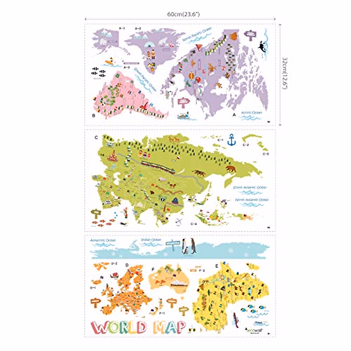 DECOWALL DAT-1306N Colourful World Map Kids Wall Stickers Wall Decals Peel and Stick Removable Wall Stickers for Kids Nursery Bedroom Living Room (Large) d?cor