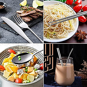 Reusable Utensils Set with Case Portable Travel Utensils Cutlery Set Stainless Steel Flatware Set for Camping 8pcs Including Dinner Knife Fork Spoon Chopsticks Boba Straw (Silver)