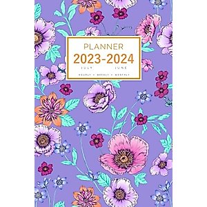 Planner July 2023-2024 June: 6x9 Medium Notebook Organizer with Hourly Time Slots | Beautiful Flower Garden Design Blue-Violet