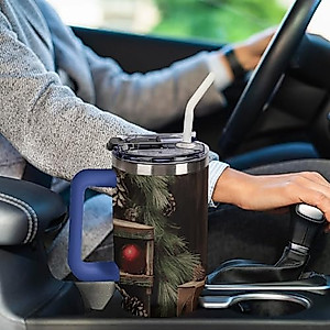 40 Oz Vacuum Tumbler with Deep Blue Handle Leakproof Insulated Tumbler Xmas Tree Branch Bear Doll Stainless Steel Travel Mug with Lid And Straw Coffee Cup Cute Water Bottles Cup Holder Friendly