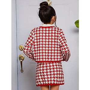 WDIRARA Girl's 2 Piece Outfits Houndstooth Zip Up Half Sleeve Jacket and A Line Skirt Set Red and White 10Y