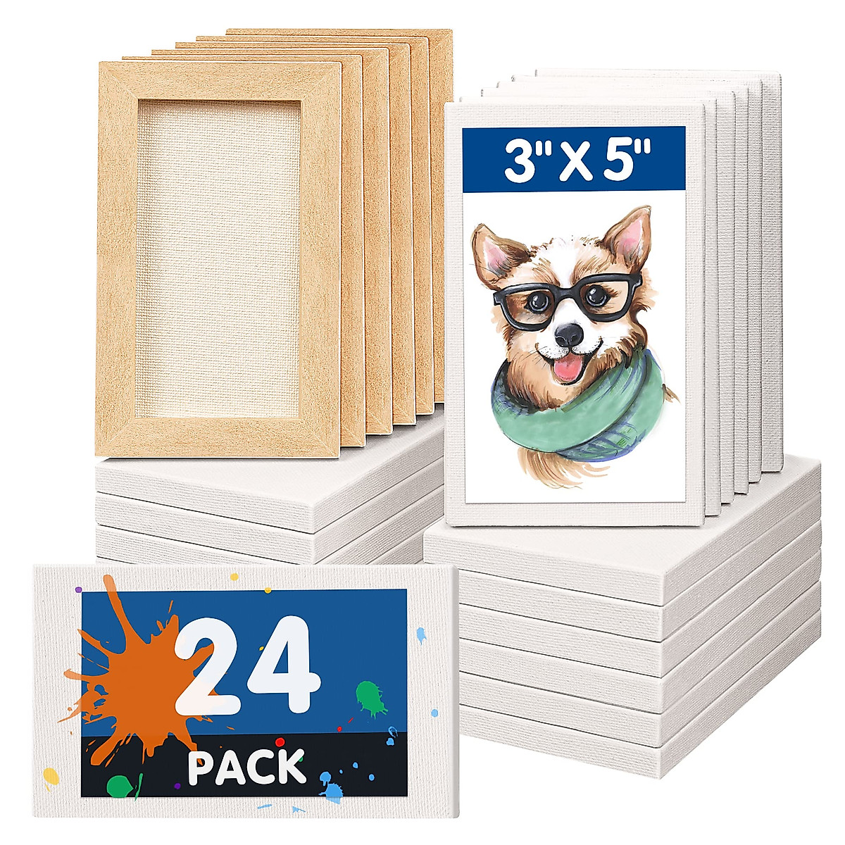 FIXSMITH Mini Stretched Canvas for Painting - 24 Pack 3 x 5 Inch, 2/5” Profile Small Canvases, 100% Cotton Primed Blank Canvas for Kids, Home Decor Project, Art Supplies for Acrylic Oil Painting