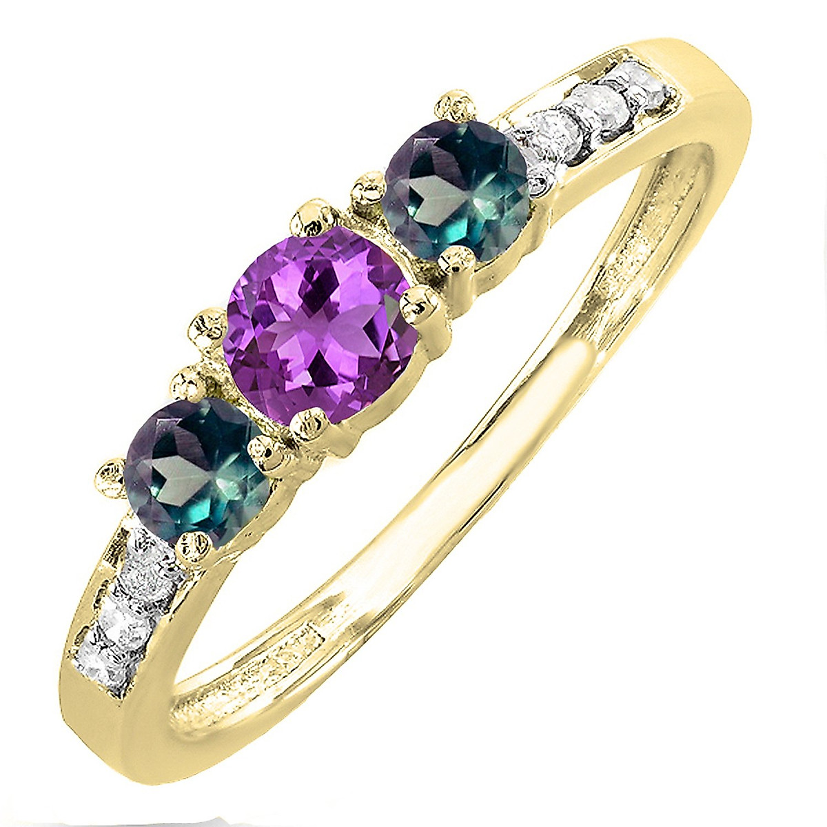 Dazzlingrock Collection Round Amethyst & Lab Created Alexandrite with White Diamond Three Stone Engagement Ring for Her in 10K Yellow Gold Size 8