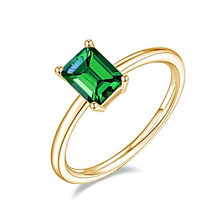 AFFY 6x8MM Emerald Cut Simulated Green Emerald Solitaire Ring in 14K Yellow Gold Over Sterling Silver (2.50 Carat) Ring Size-7