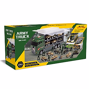JOYIN 19 in 1 Die-cast Army Toy Truck with Little Army Figures, Mini Military Vehicles in Big Carrier Truck, Patrol Rescue Helicopter for Boys 3-9 Years Old, Kids Value Birthday Xmas Easter Gifts