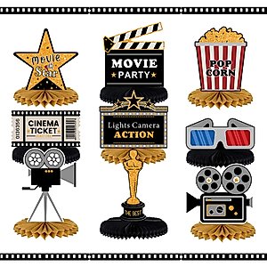 LINGTEER Hollywood Movie Night Table Honeycomb Centerpieces - 9Pcs Oscar Movie Star Cutouts Happy Birthday Film Party Table Decorations Sign.