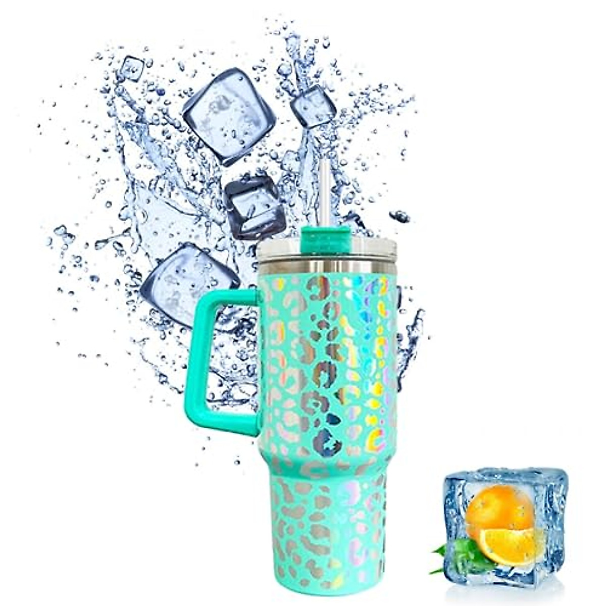Holographic Leopard Tumbler 40 oz with Handle, Water Bottle, Gifts for Women & Men, Insulated Cup with Lid and Straw, Simple Modern, Water Bottles & Stanley Cups Trending Tumbler Gift 3D Green