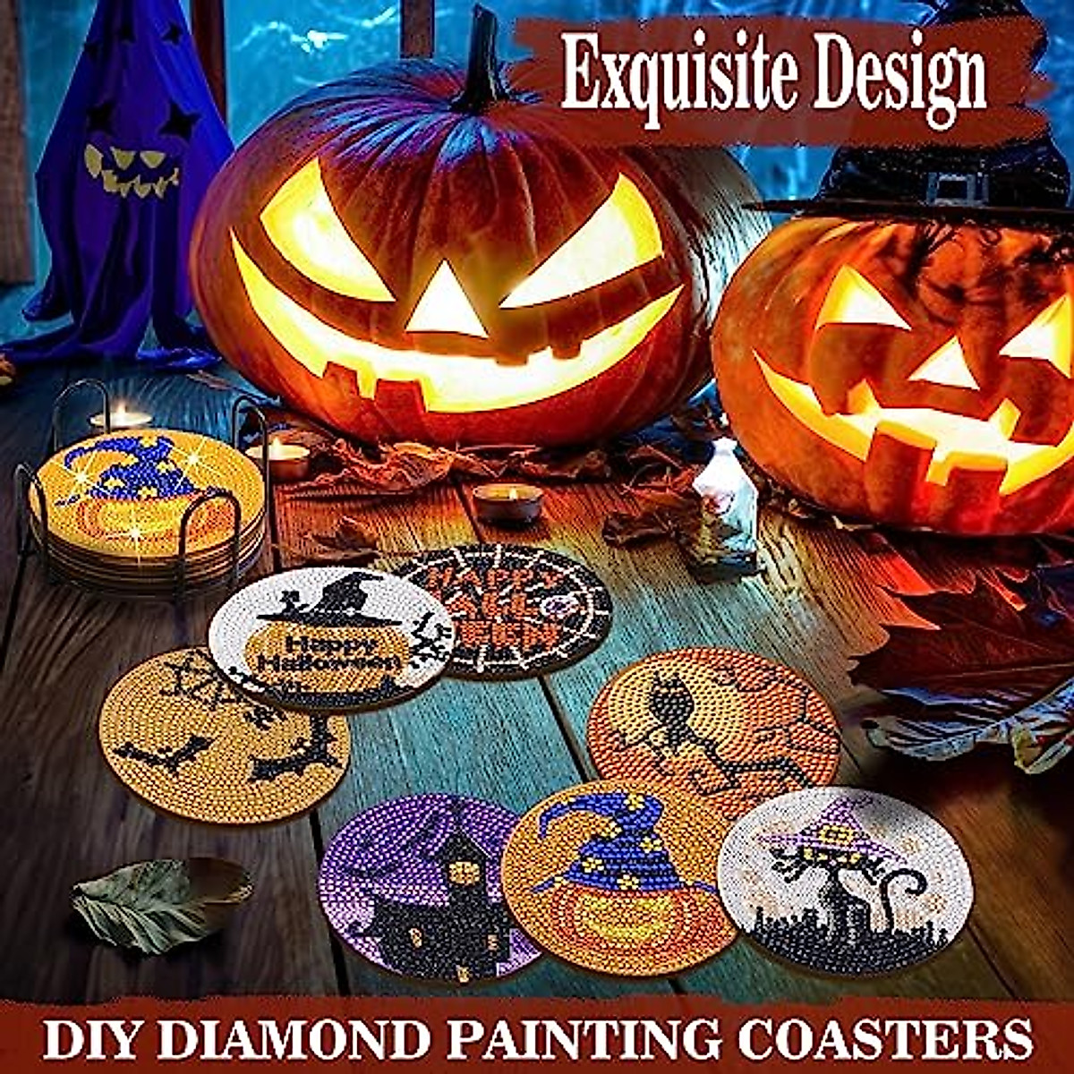8 Pcs Halloween Diamond Painting Coasters for Drinks, DIY Diamond Painting Kits with Holder Cork Pad, Diamond Art Coasters for Beginners Kids Adults Halloween Spooky Party Art Craft Supplies