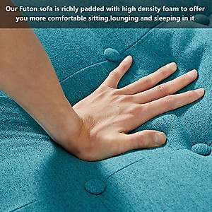 Betoko Linen Futon Sofa Couch 73.6" Fabric Upholstered Convertible Sofa Bed Minimalist Button Tufted Small 3 Seater Sleeper Futon Couch Set for Living Room Bedroom (Blue)