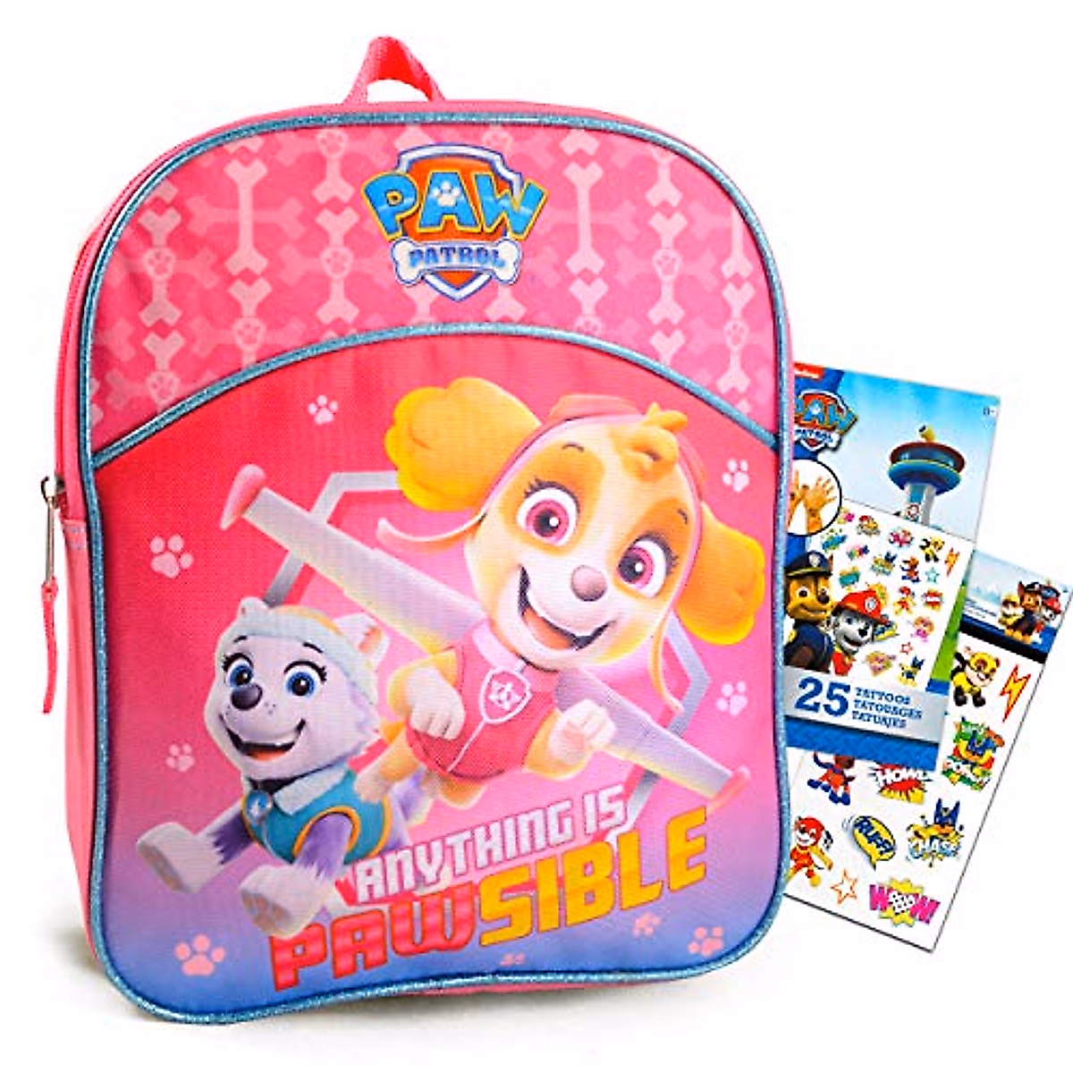 Paw Patrol Backpack for Girls ~ 2 Pc Bundle With Premium 11" Skye Paw Patrol Mini School Bag for Toddlers with Stickers and Tattoos (Paw Patrol School Supplies)