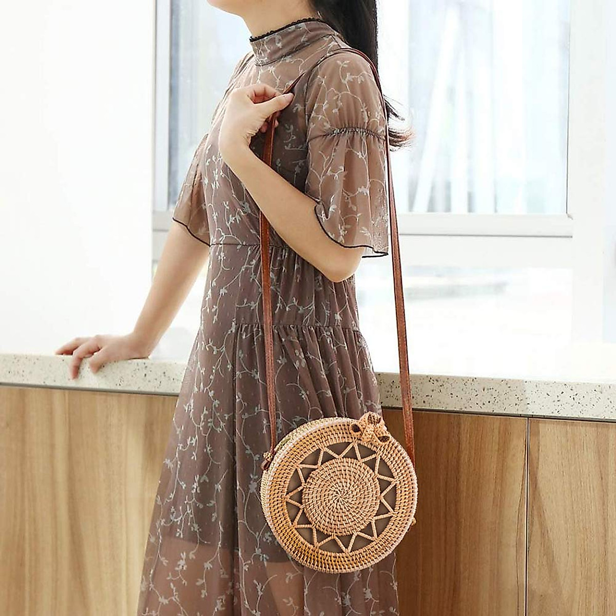 LYCSIX66 Handmade Round Rattan Bag Boho Summer Straw Bag Women Crossbody Purse