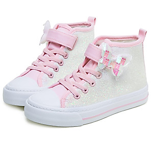 Toandon Girls Kids Sneakers Glitter Canvas Shoes Sparkle High Top Toddler Child Adjustable Hook Loop Straps Velcro Non Slip Lightweight Walking Outdoor Sequins Pink White Size 2